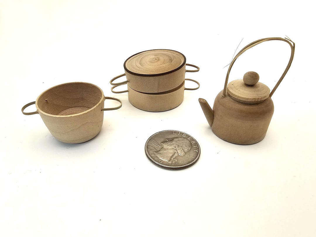 1/12 Scale Miniature Wooden Rice Cooker, Pot, and Tea Kettle ...