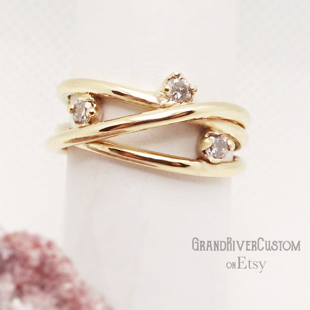 Abstract Diamond Ring, 14k Solid Gold Diamond Band, Free Form Diamond ...
