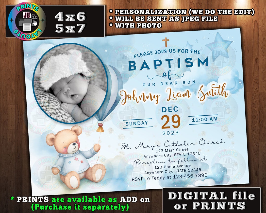 Teddy Bear BAPTISM Invitation, Christening, Baby Shower, Boy, Girl ...