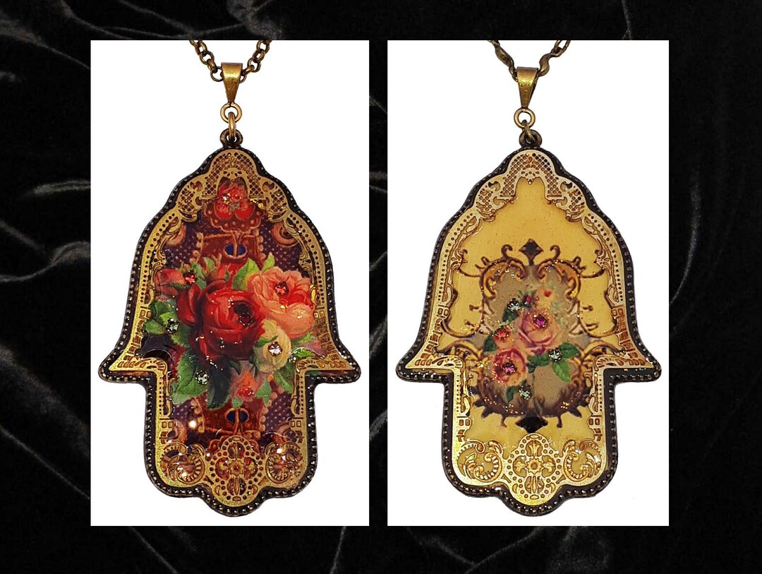 Michal Negrin Large Hamsa Necklace Roses Flowers Pendant Chain ...