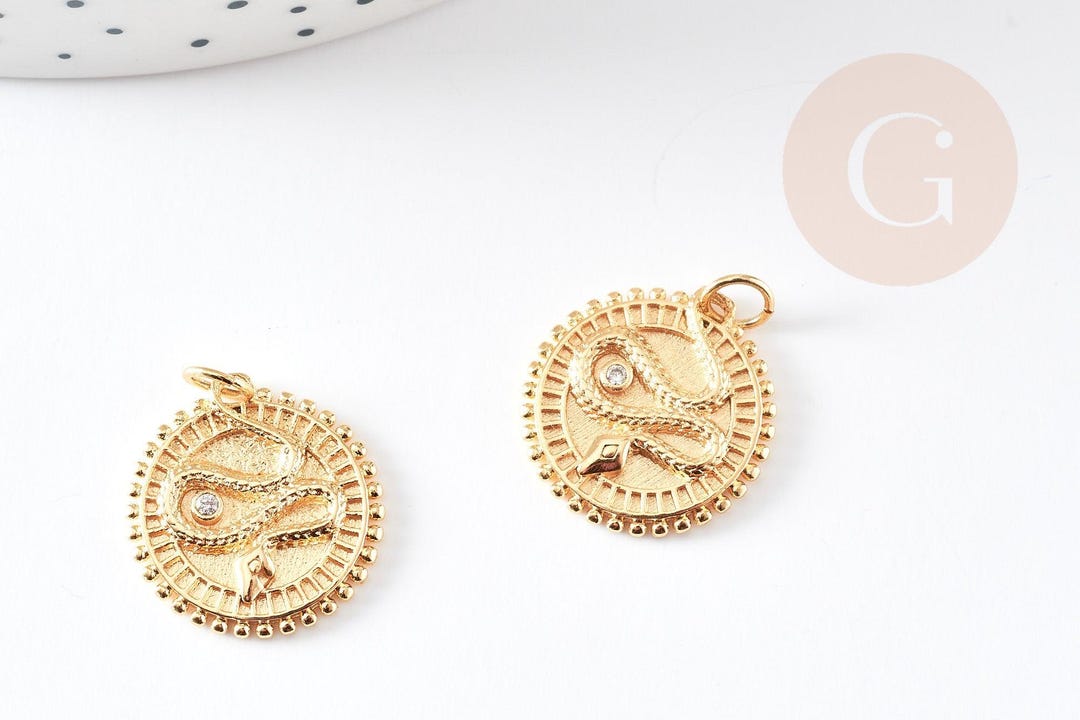 18k Gold Plated Brass Snake Medal Pendant Crystal 18.5mm, Zircon Animal ...