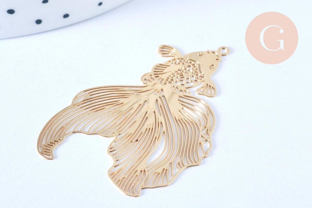Japanese Fish Filigree Print Pendant in Light Gold-plated Brass 49x31mm ...