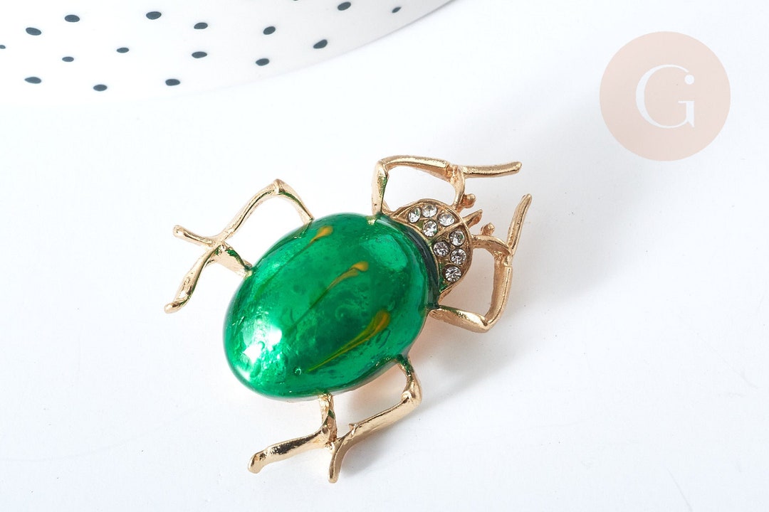 Beetle Brooch Green Enamel Gold Zamac White Rhinestone 39x30mm, Gold ...