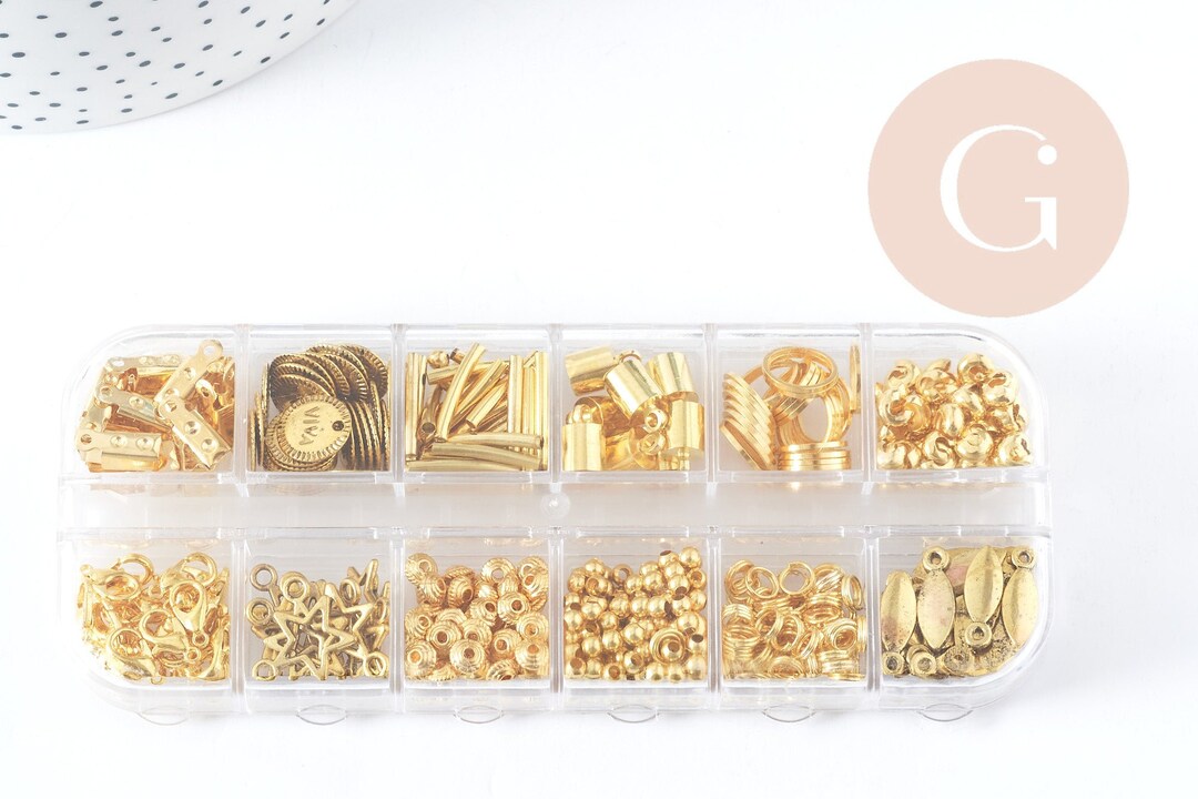 Box Kit Mix of 12 Types of Supplies and Beads Zamac Brass Gold, Boxes ...