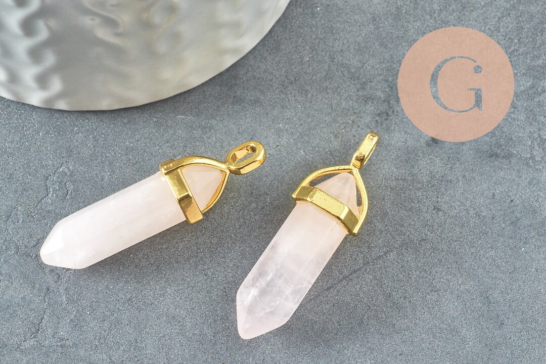 Natural Pink Quartz Point Pendant With Golden Zamac 39-41mm, Natural ...