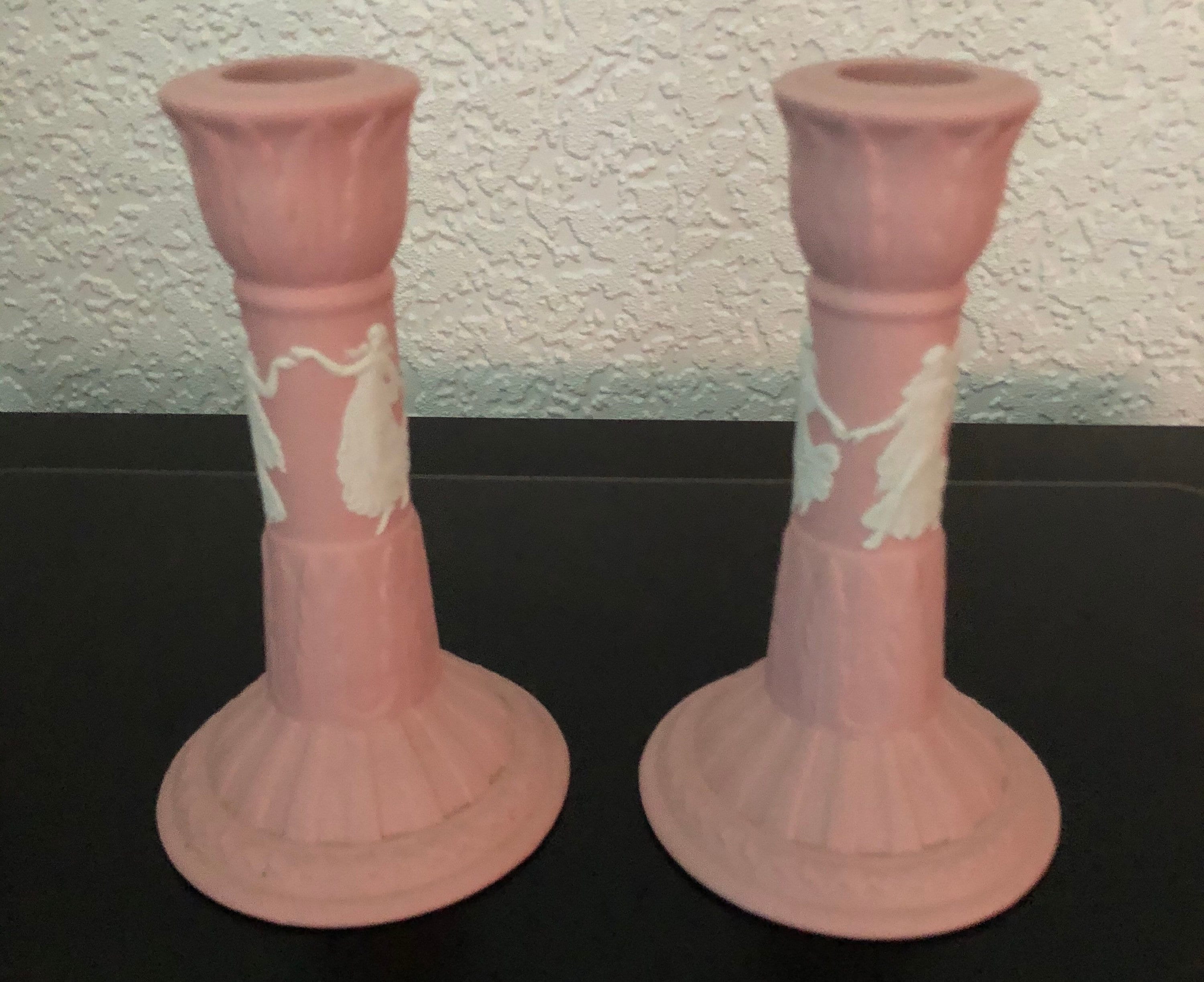 2 X WEDGEWOOD PINK JASPERWARE Candlestick Cream Colour on Pink Vgc - Etsy