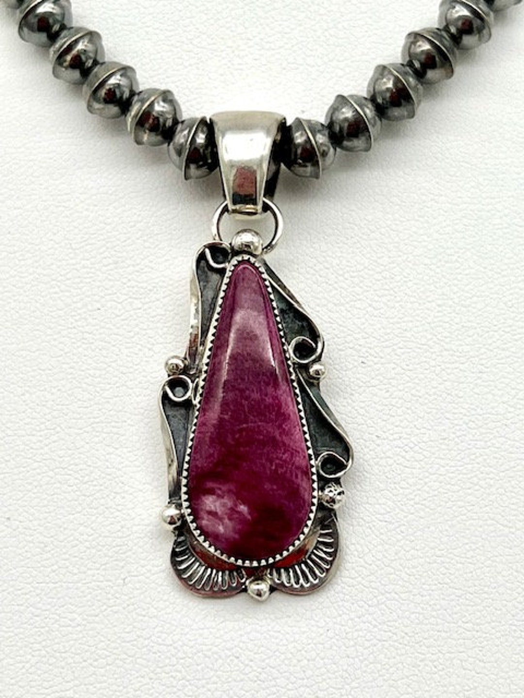 Teardrop Shaped Purple Spiny Oyster Gemstone, Set in a Stamped ...
