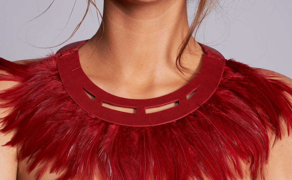 Red Necklace Feather Collar Red Collar Necklace Avant Garde - Etsy