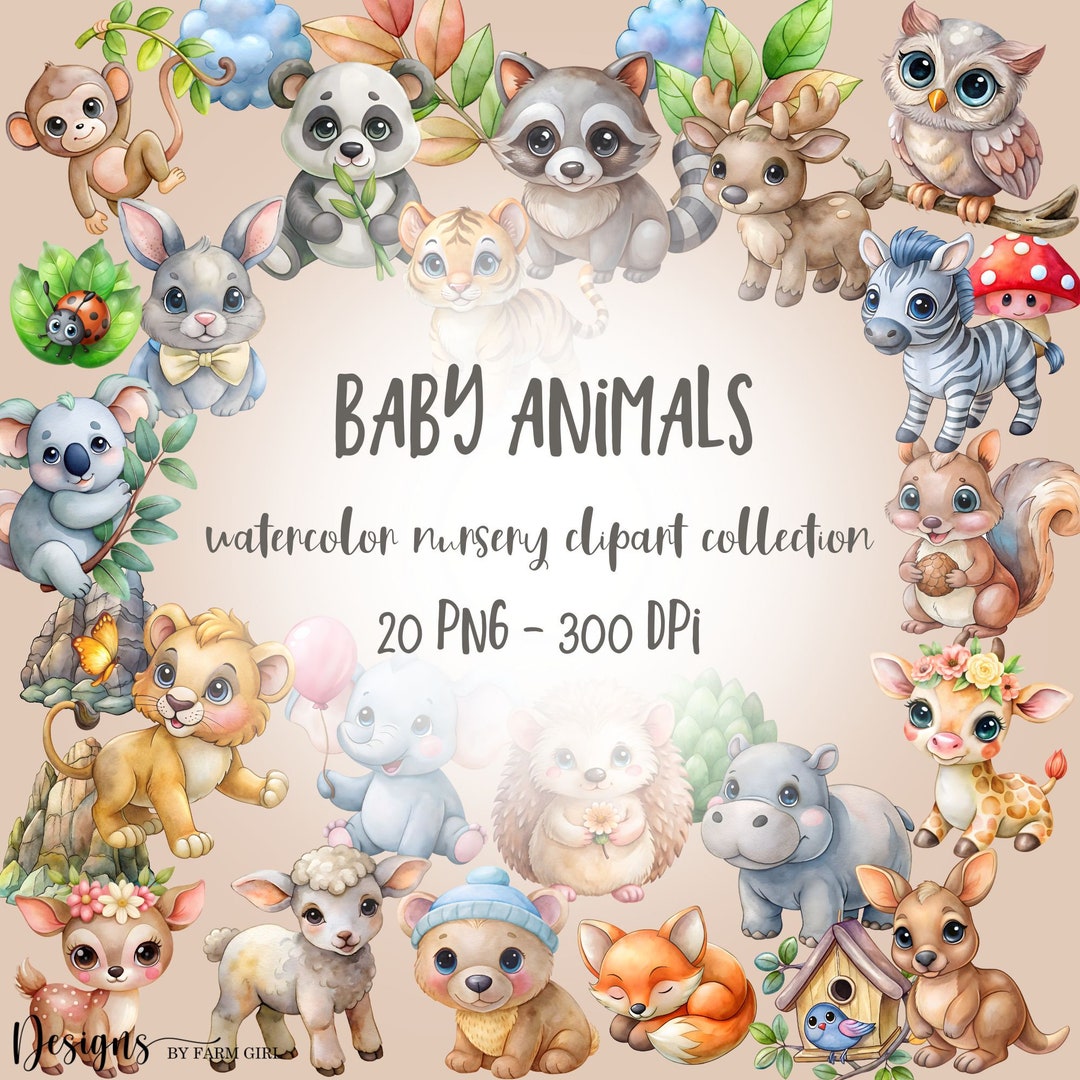 Cute Baby Animals Clipart, Baby Animal PNG, Watercolor Animal Clipart ...