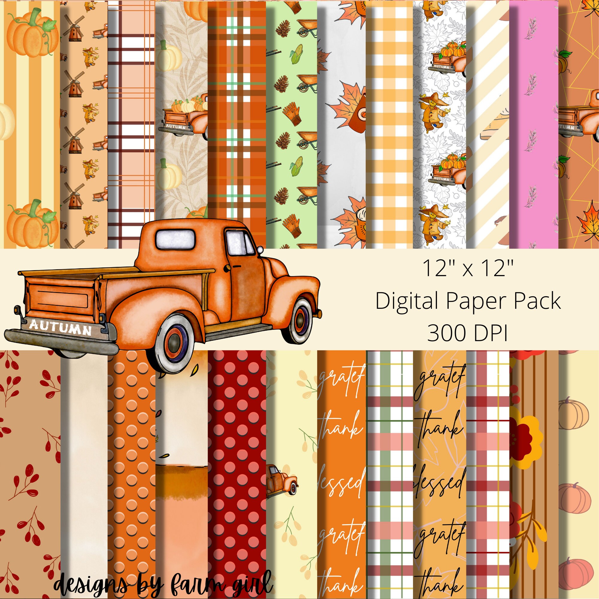 Pumpkin Truck Digital Paper Pack Autumn Digital Papers Fall Digital ...