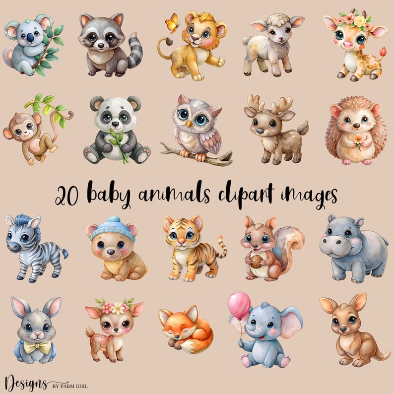 Cute Baby Animals Clipart, Baby Animal PNG, Watercolor Animal Clipart ...