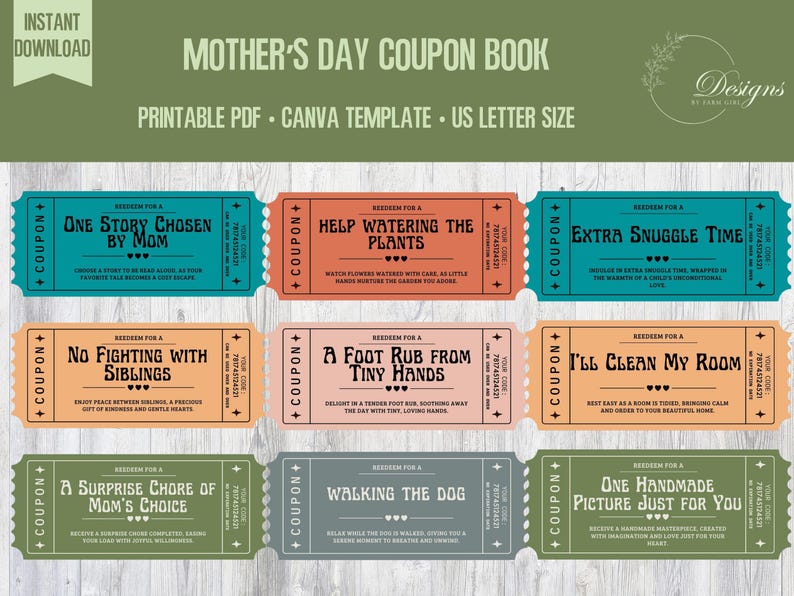 Mother's Day Coupon Book – Kids DIY Gift, Editable Canva Template (PDF ...
