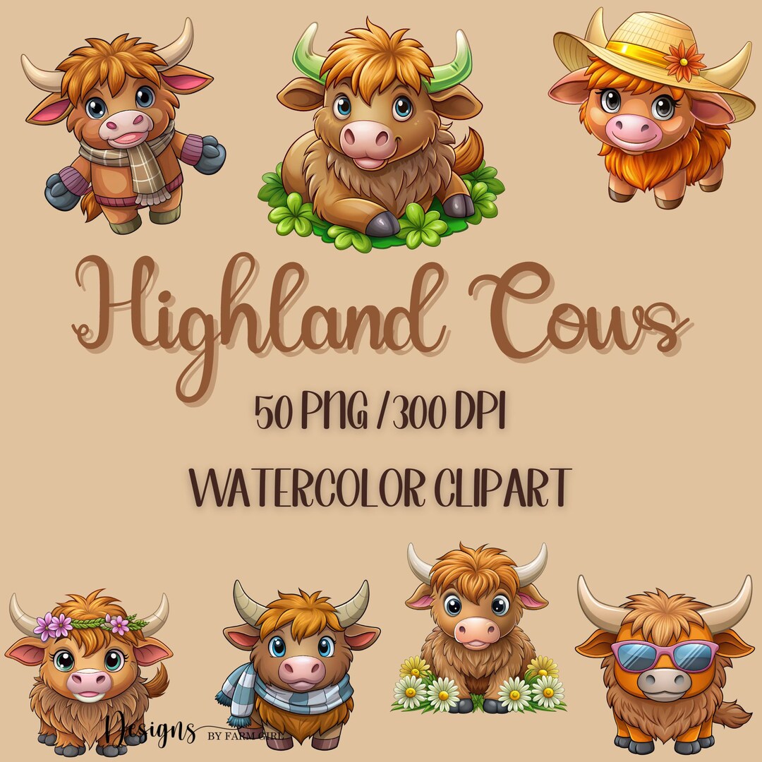 Highland Cow Clipart Bundle, Farm Cow Clipart, Watercolor Cows Clipart ...