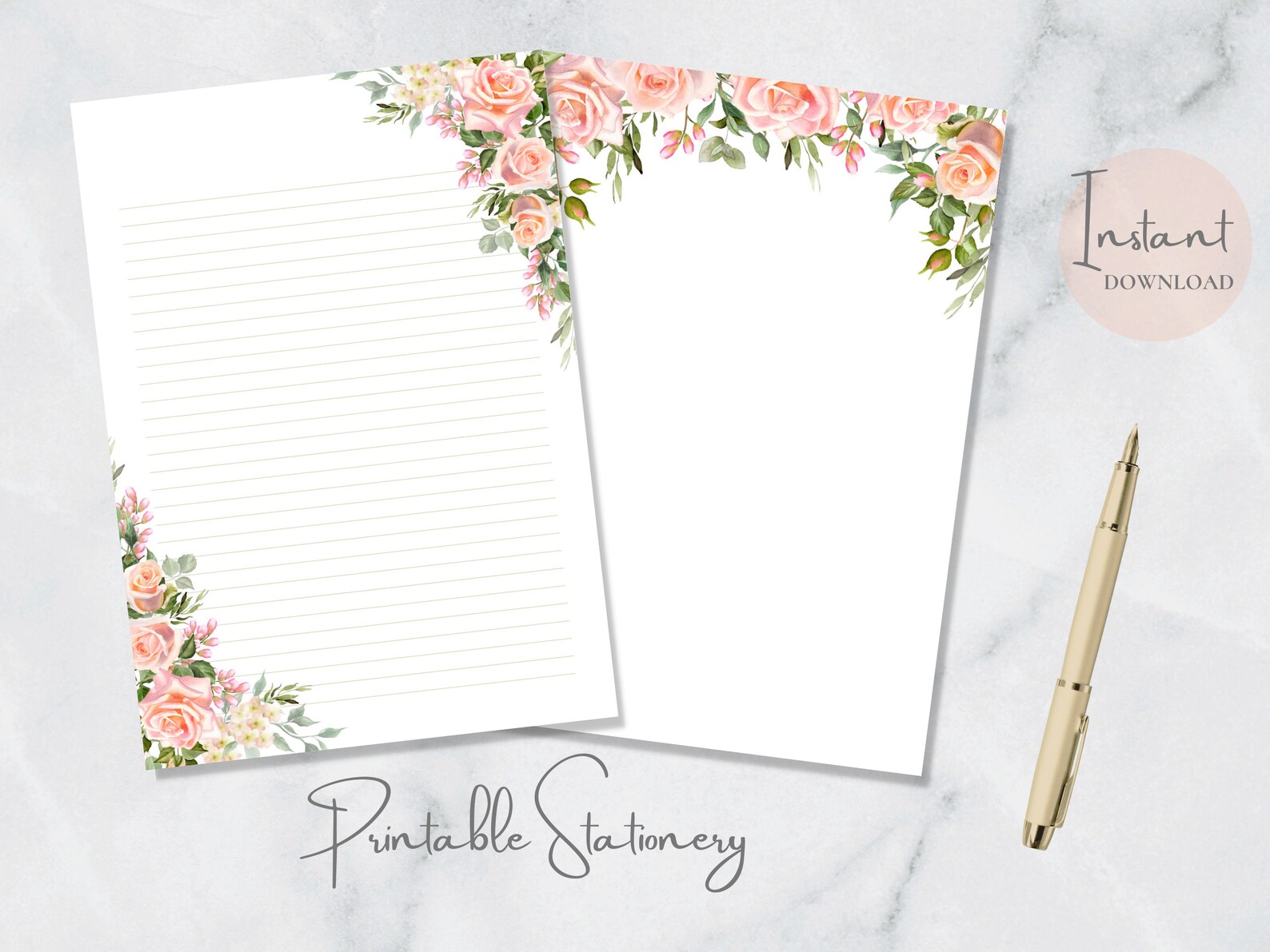 Pink Roses Printable Stationery Flower Printable Stationary Paper ...