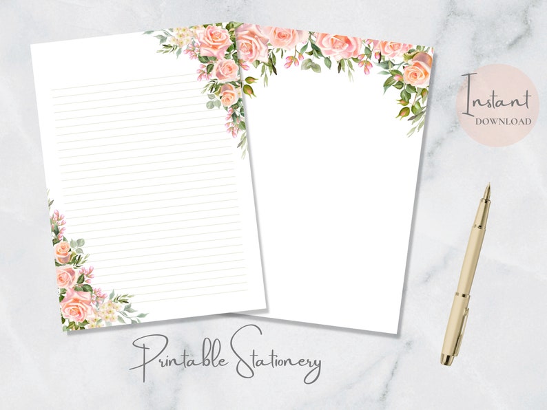 Pink Roses Printable Stationery Flower Printable Stationary Paper ...