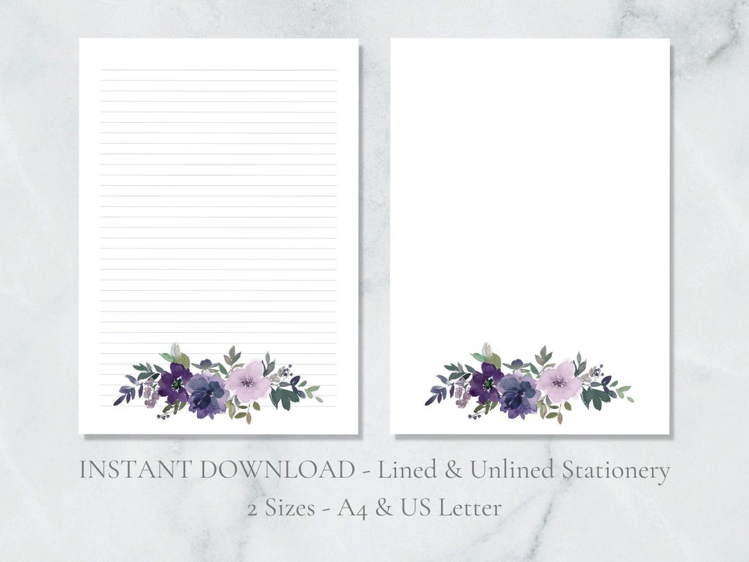 Dark Floral Arrangement Printable Stationery Purple Flowers Letter ...