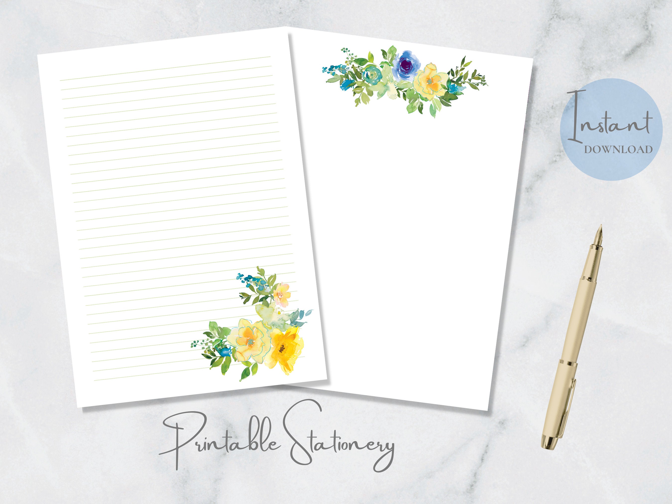 Blue Yellow Roses Printable Stationery Watercolor Floral Stationary ...