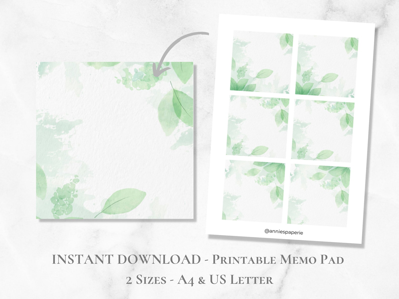 Watercolor Green Leaf Printable Memo Pad Leaves Memo Set Botanical Note ...