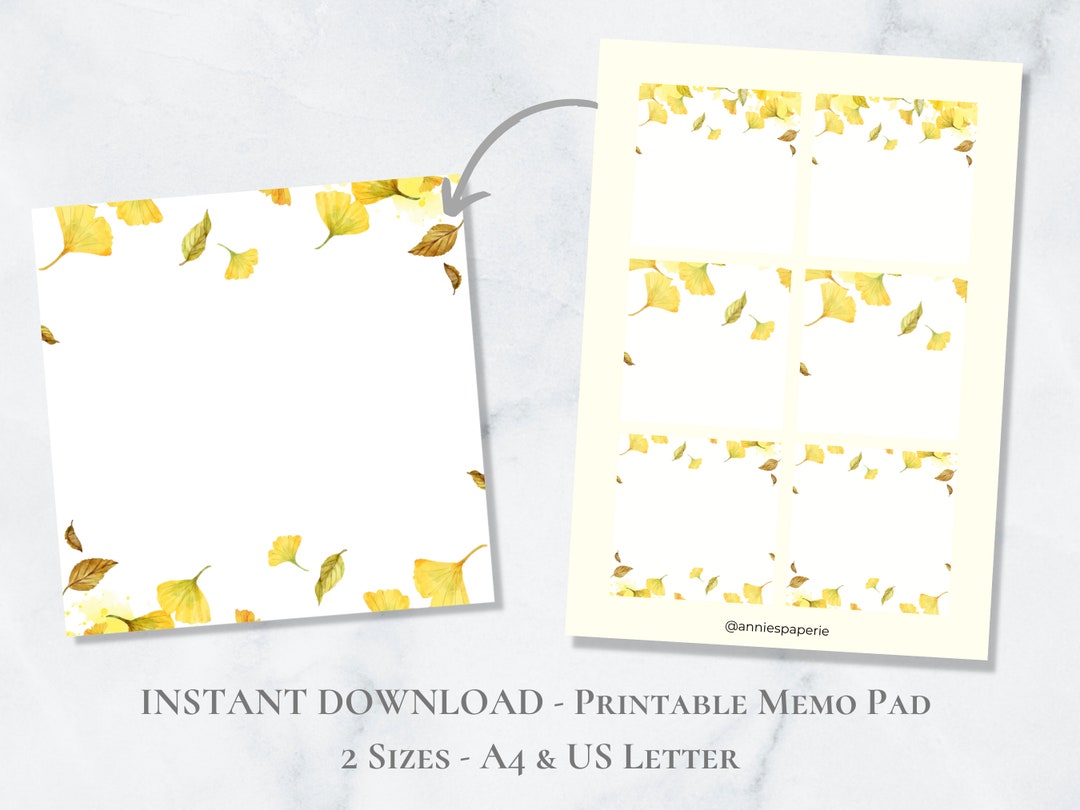 Yellow Ginkgo Leaf Printable Memo Pad Autumn Memo Set Fall Note Paper ...