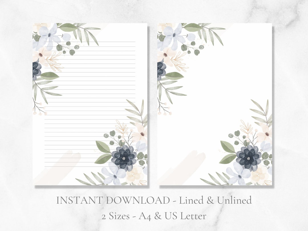 Floral Watercolor Printable Stationery Flower Leaf Stationary Botanical ...