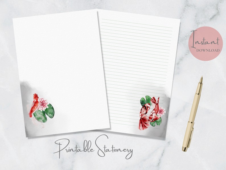 Japanese Fish Pond Printable Stationery Koi Fish Water Lily Lotus ...