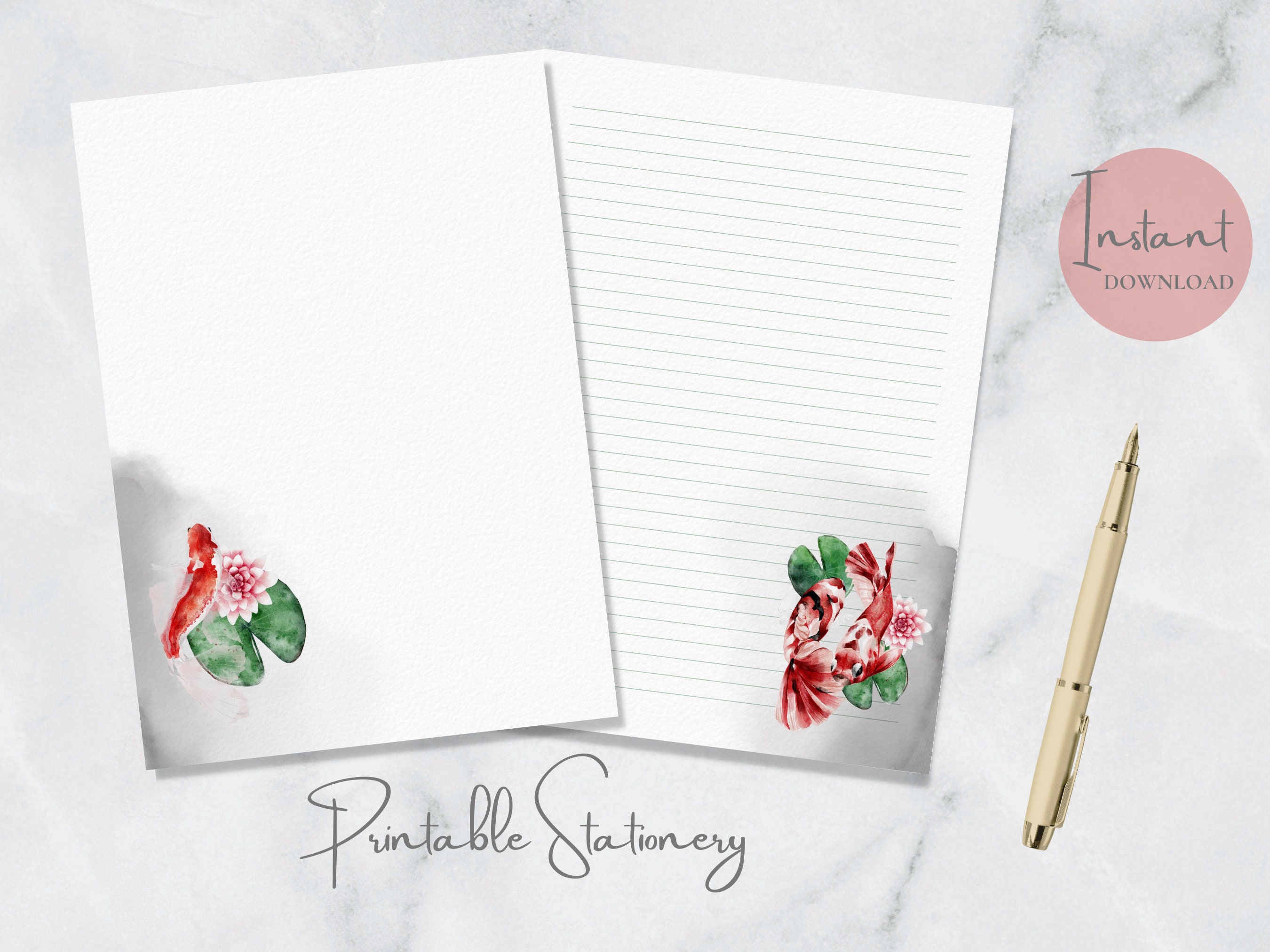 Japanese Fish Pond Printable Stationery Koi Fish Water Lily Lotus ...