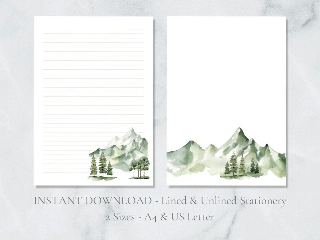 Green Mountains Printable Stationery Pine Trees Stationary Landscape ...
