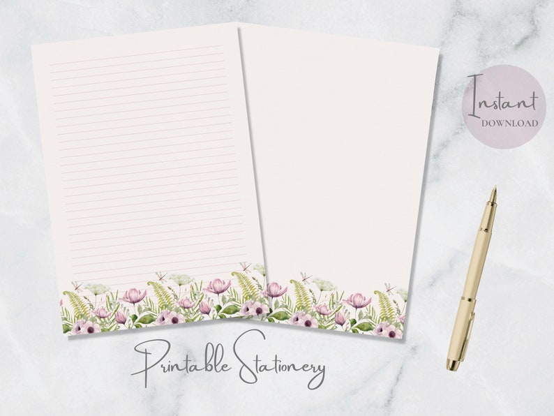 Dragonfly Floral Watercolor Printable Stationery Poppy Stationary ...