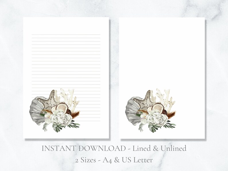 Sea Shell Printable Stationery Watercolor Stationary Coconut Writing ...