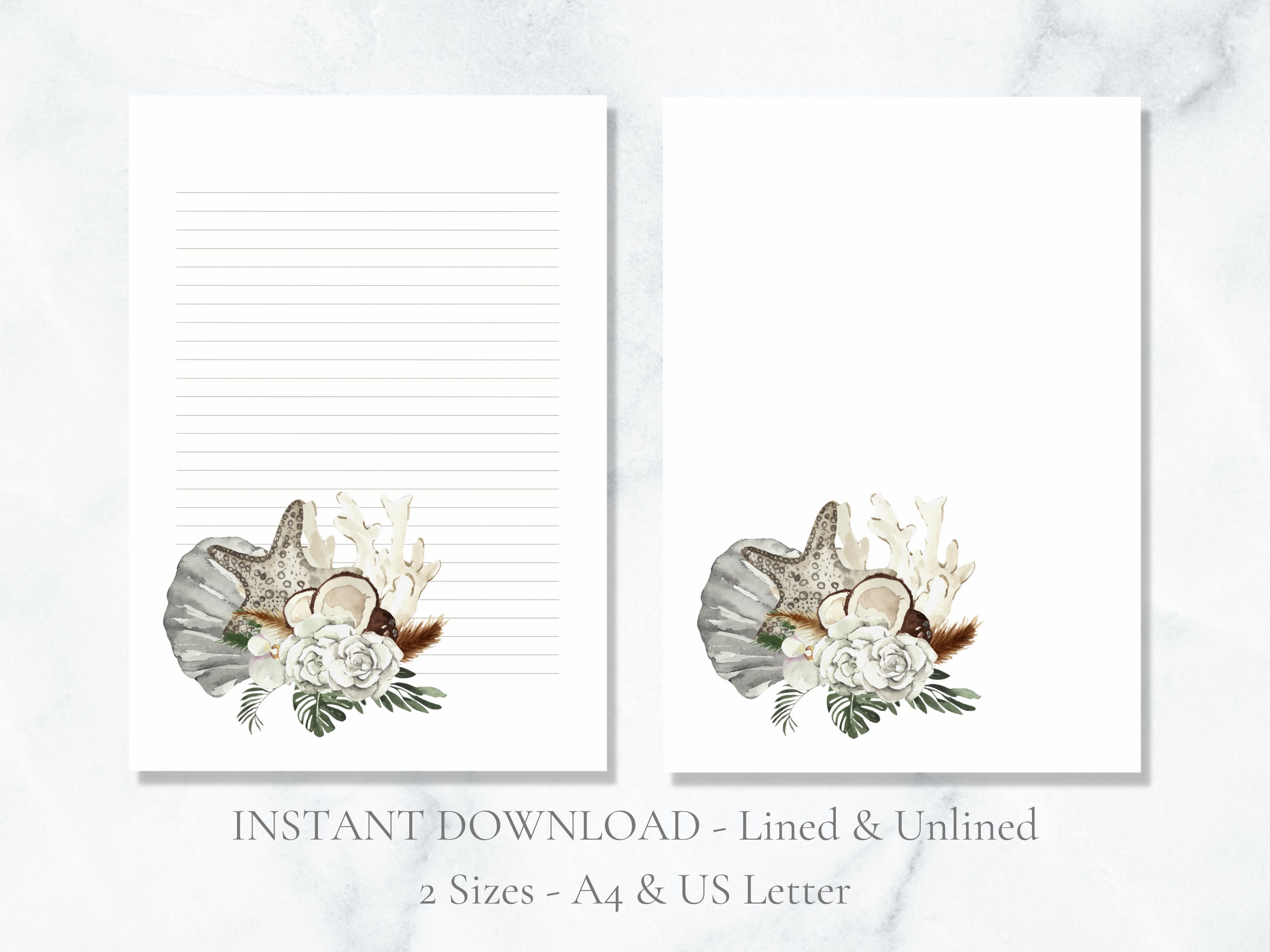 Sea Shell Printable Stationery Watercolor Stationary Coconut Writing ...