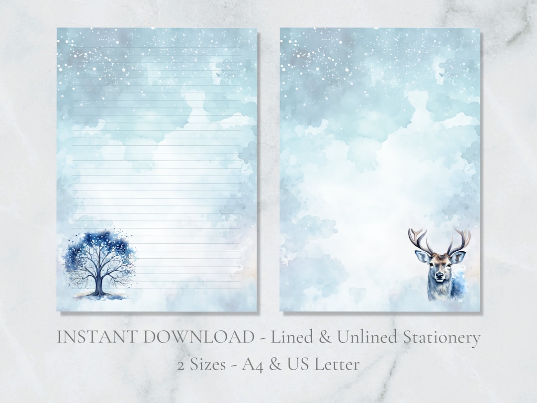 Watercolor Deer and Tree Printable Stationery Winter Stationary Letter ...
