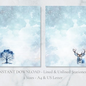 Watercolor Deer and Tree Printable Stationery Winter Stationary Letter ...