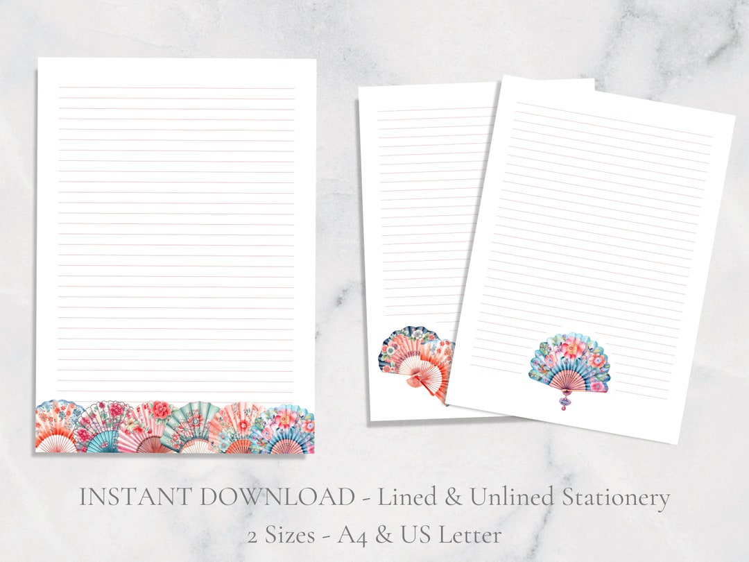 Japanese Fans Printable Stationery Floral Letter Writing A4 US Letter ...