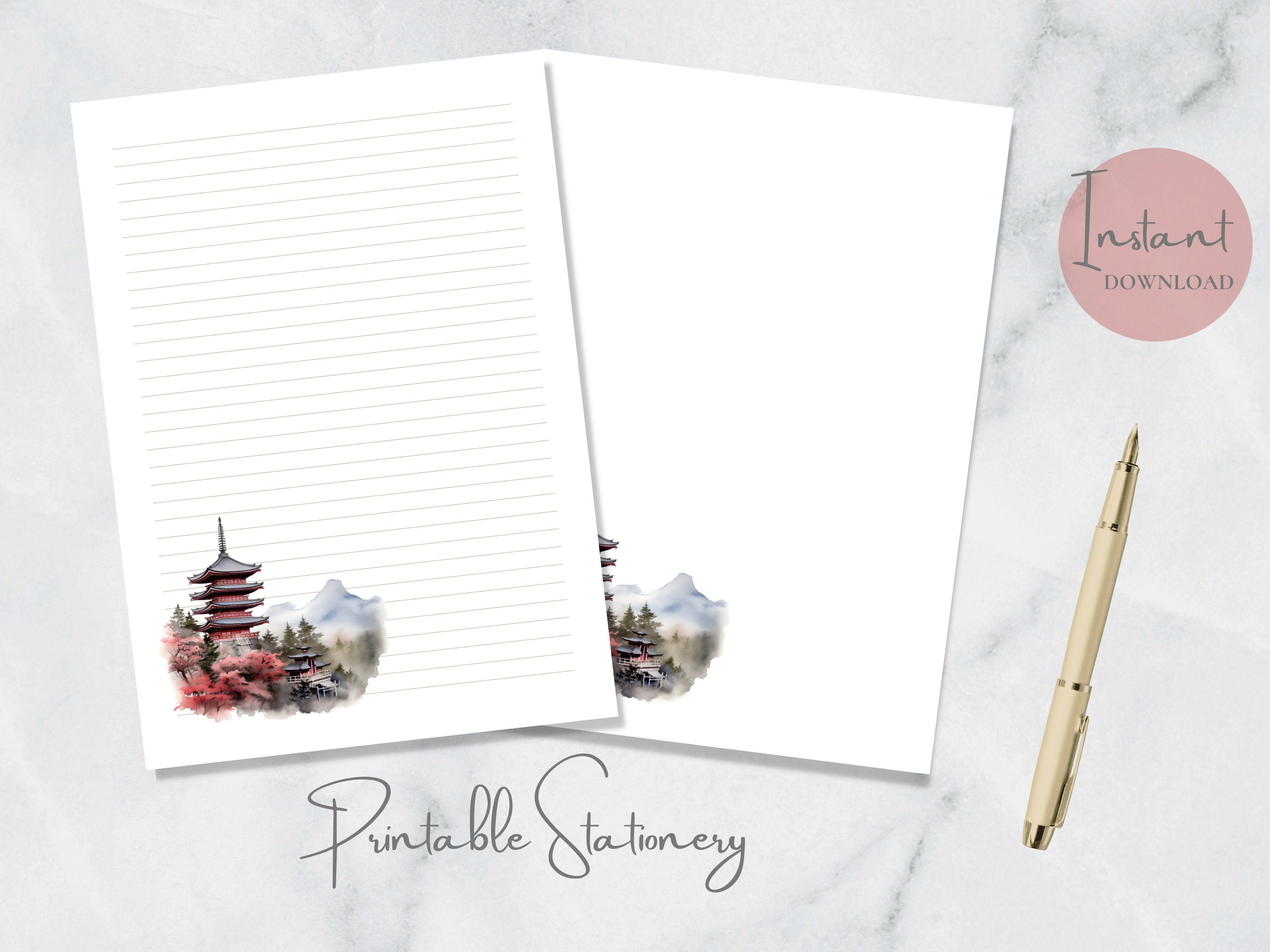 Japanese Pagoda Printable Stationery Sakura Stationary Nature Mountain ...