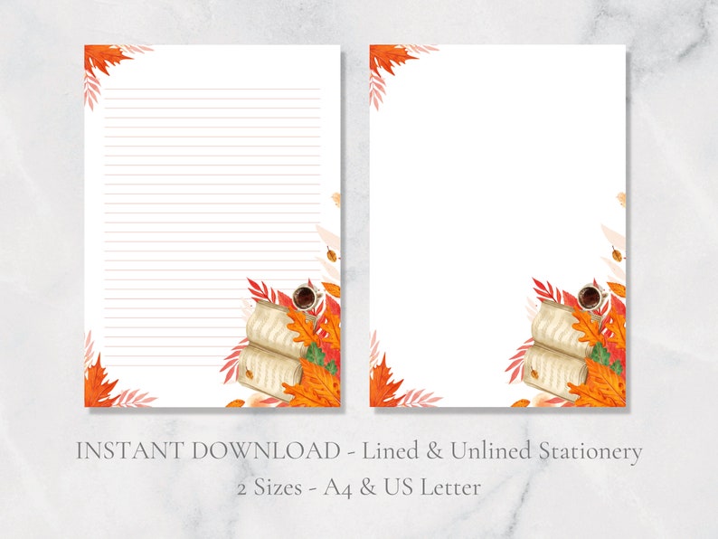 Autumn Book and Coffee Printable Stationery Autumn Leaf Letter Fall A4 ...