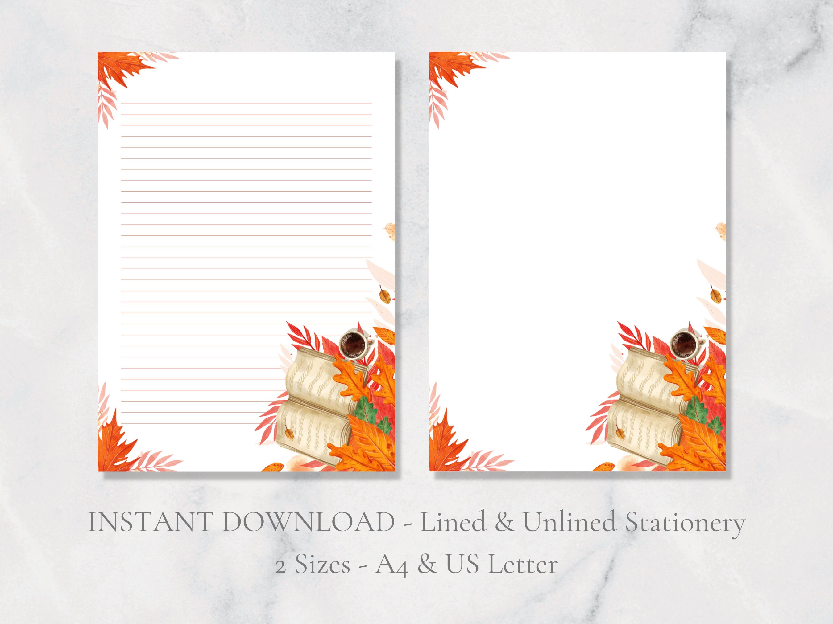 Autumn Book and Coffee Printable Stationery Autumn Leaf Letter Fall A4 ...