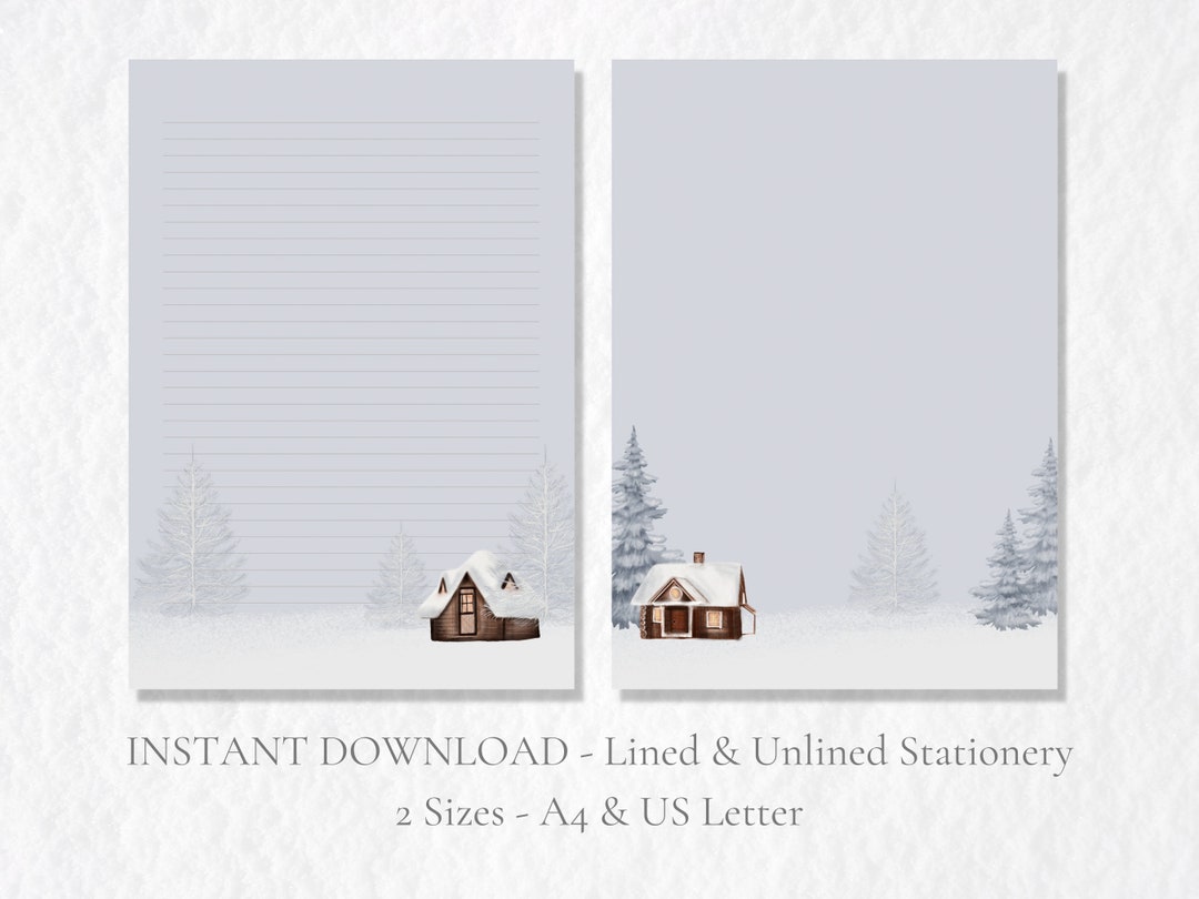 Snow Cabin in Woods Printable Stationery Winter Stationary Snow Writing ...