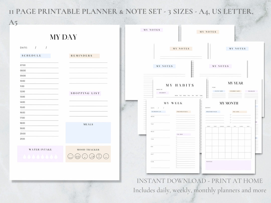My Day Pastel Printable Planner Set Daily Weekly Monthly Yearly Planner ...