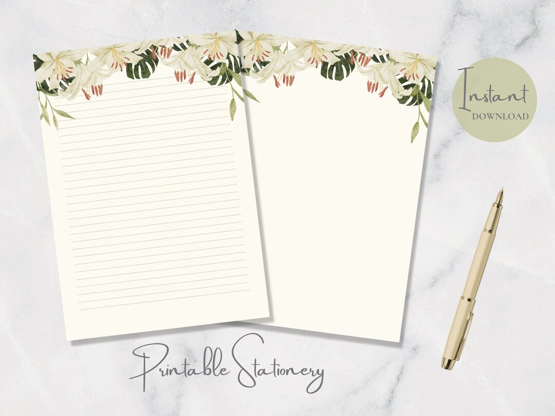 White Lilies Printable Stationery Floral Stationary Botanical Writing ...