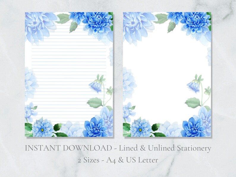 Blue Dahlias Printable Stationery Floral Stationary Botanical - Etsy