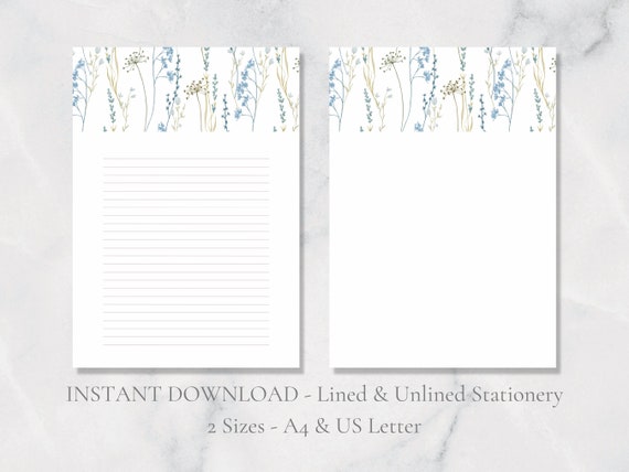 Blue Flower Stem Printable Stationery Floral Stationary - Etsy