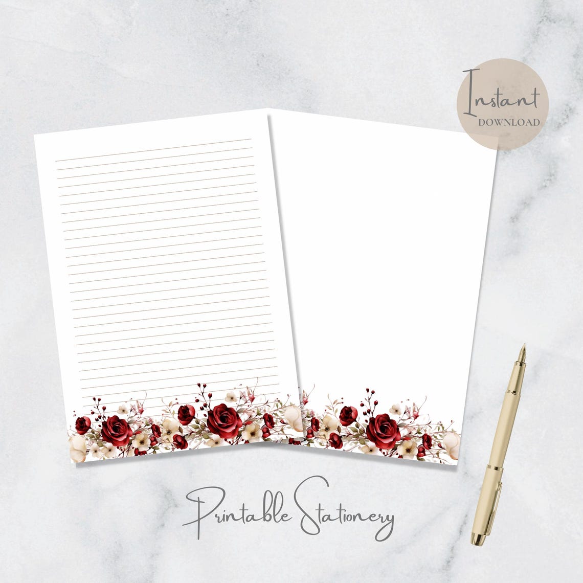 Dark Red Roses Printable Stationery Burgundy Floral Stationary Nature ...