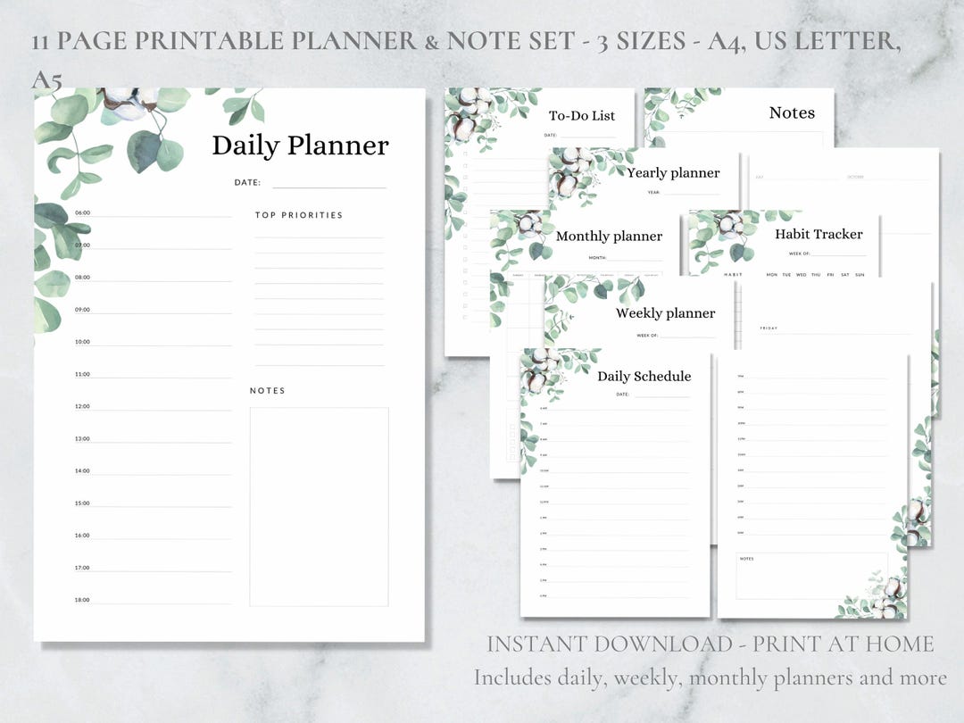 Printable Planner Daily Weekly Monthly Yearly Planner Note Paper A4 US ...