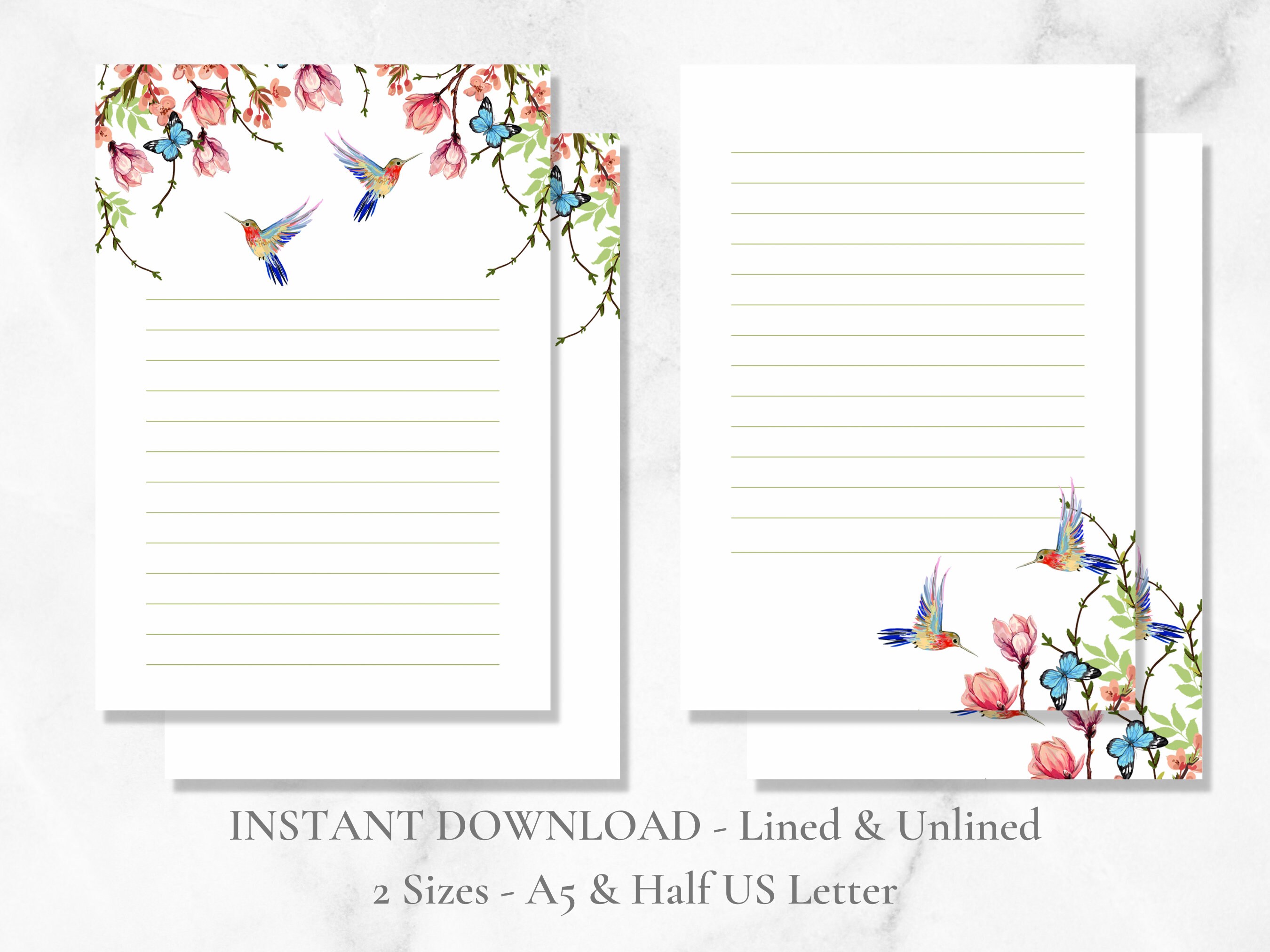 Half US A5 Letter Hummingbird Floral Printable Stationery - Etsy