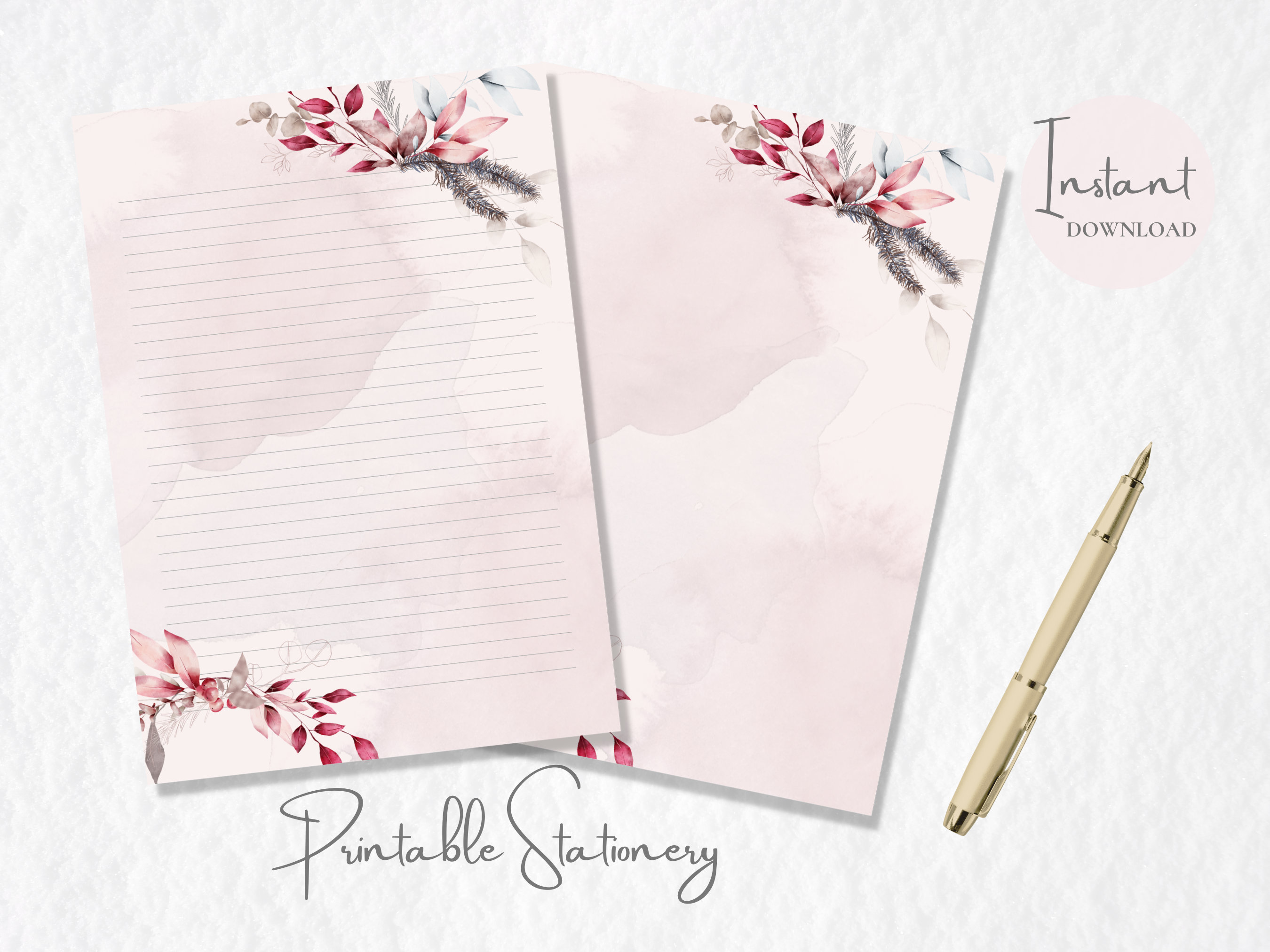 Red Winter Leaf Printable Stationery Festive Stationary Floral Letter ...