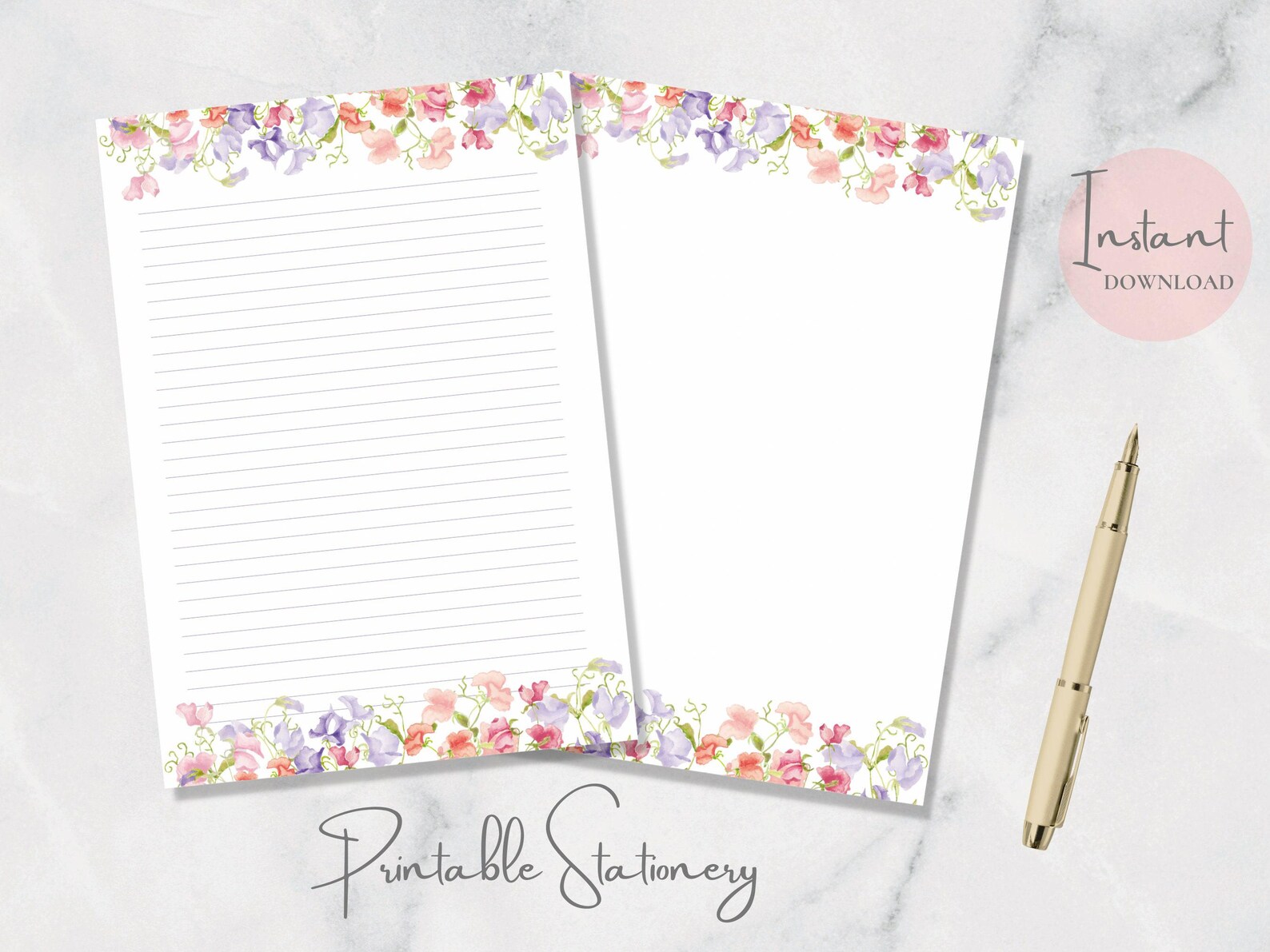 Sweet Pea Printable Stationery Floral Letter Writing Paper Spring ...