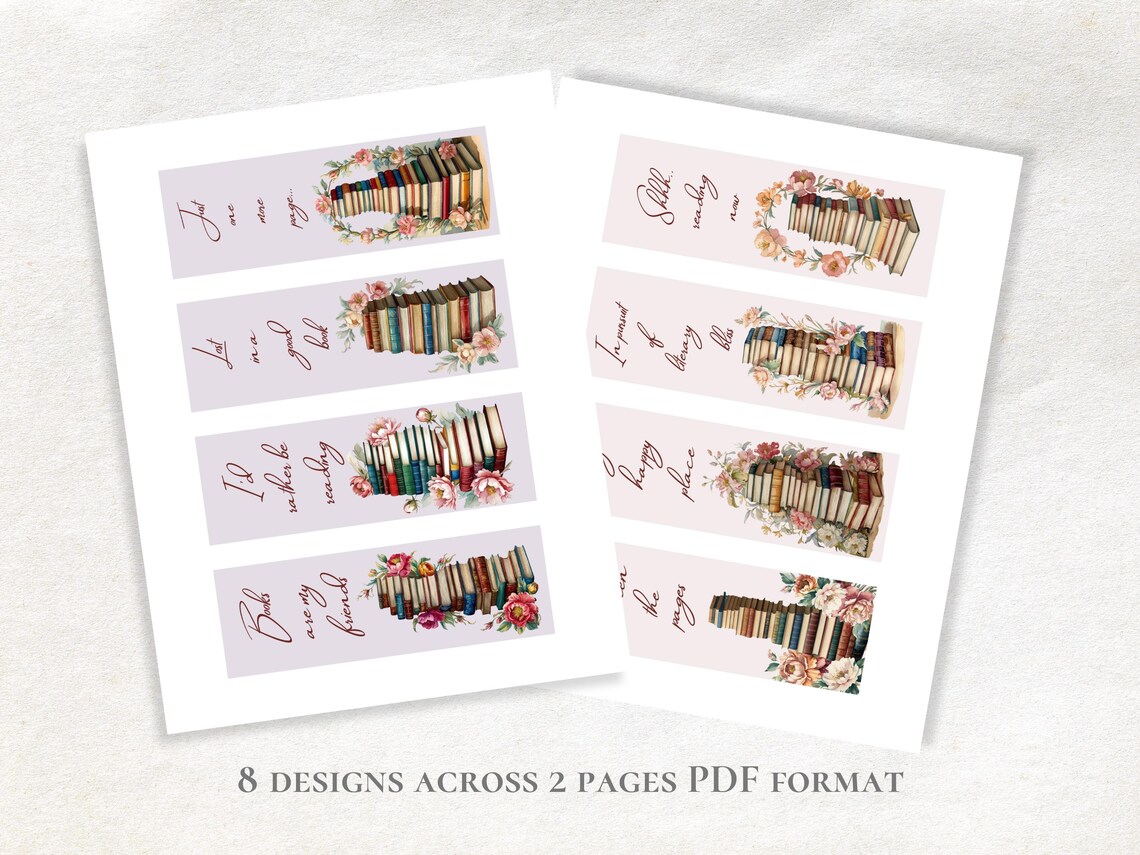 Floral Book Stack Printable Bookmark Set Vintage Flower Stacked Books ...