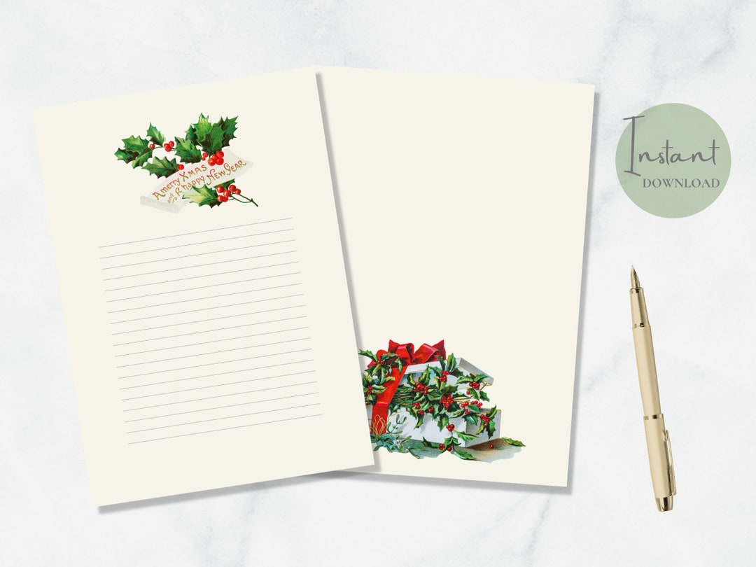 Vintage Christmas Printable Stationery Festive Stationary Holly Leaf ...