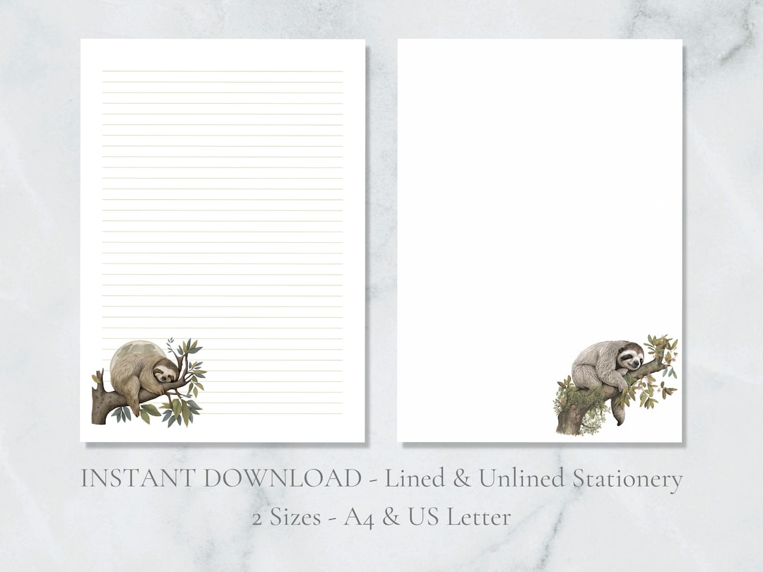 Sloth Printable Stationery Animal Stationary Watercolor Writing Paper ...
