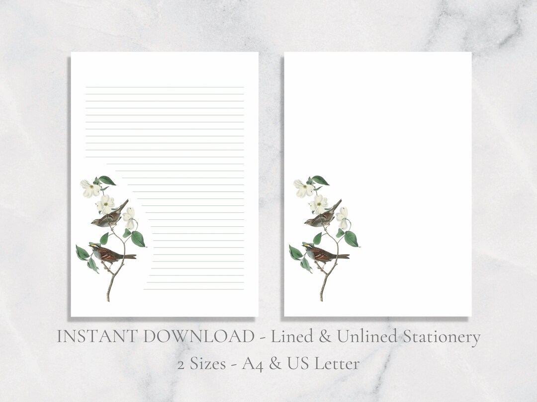 Birds Blossom Printable Stationery Floral Stationary Nature Writing ...